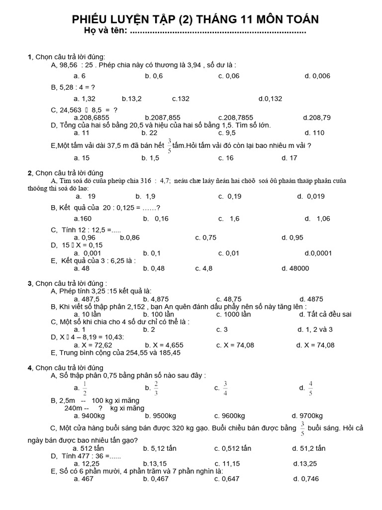 Phieu Luyen Tap Toan So 2 Thang 11 | PDF