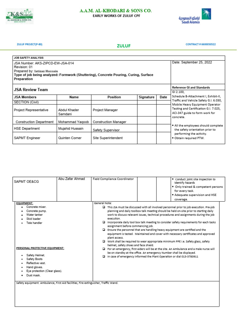 JSA Formwork (Shuttering), Concrete Pouring, Curing, Surface ...