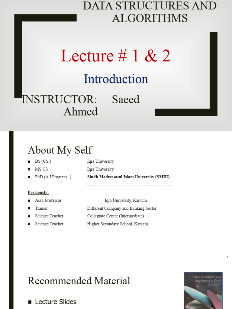 Data Structures Algorithms - Lecture 1 2 - Introduction | PDF