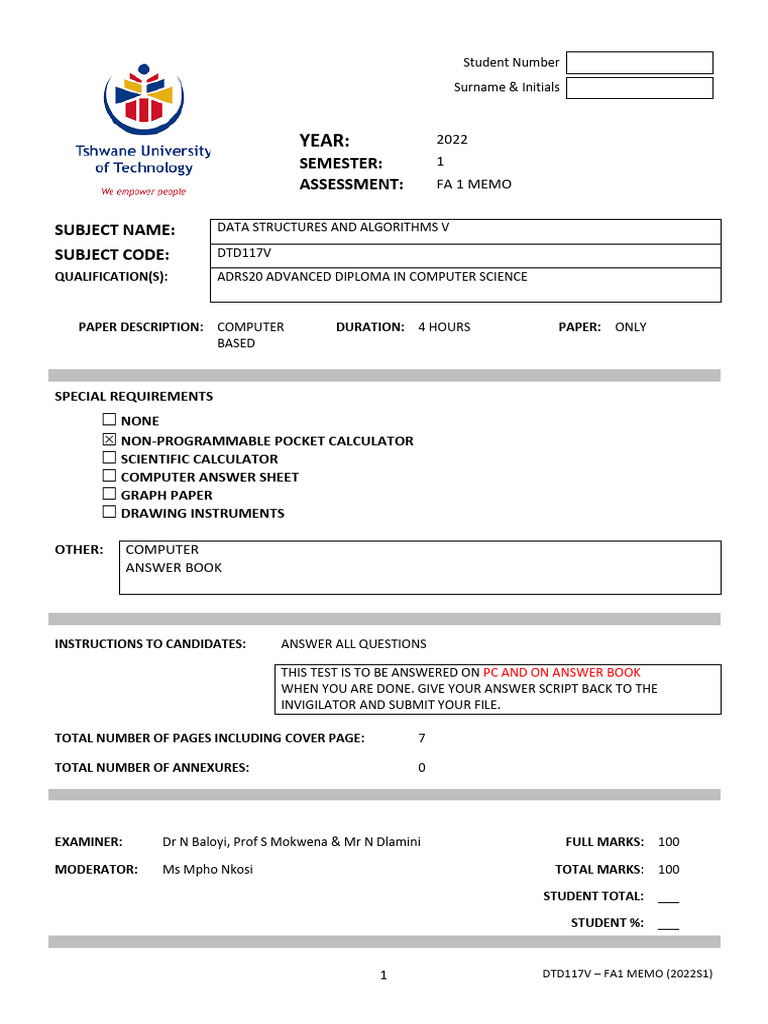 Exam Paper Fa1 2022s1 Memo | PDF | Algorithms And Data Structures | Computer Science