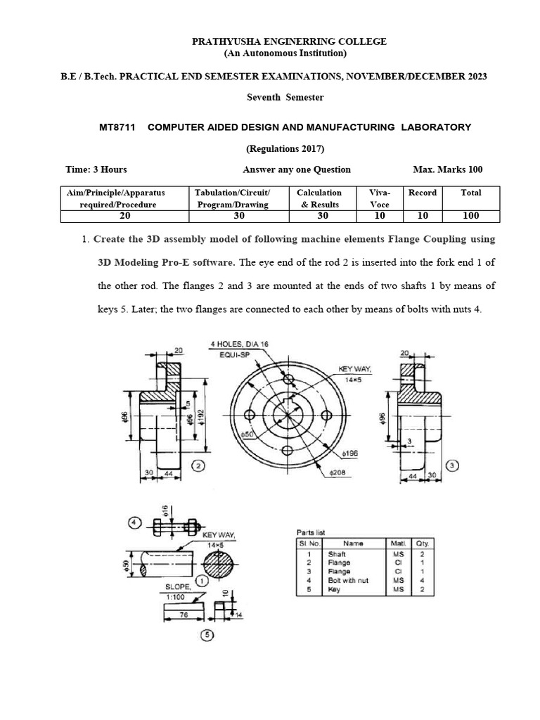 MT 8711 Cad Lab Univ QP Set 1 | PDF | Piston | Bending
