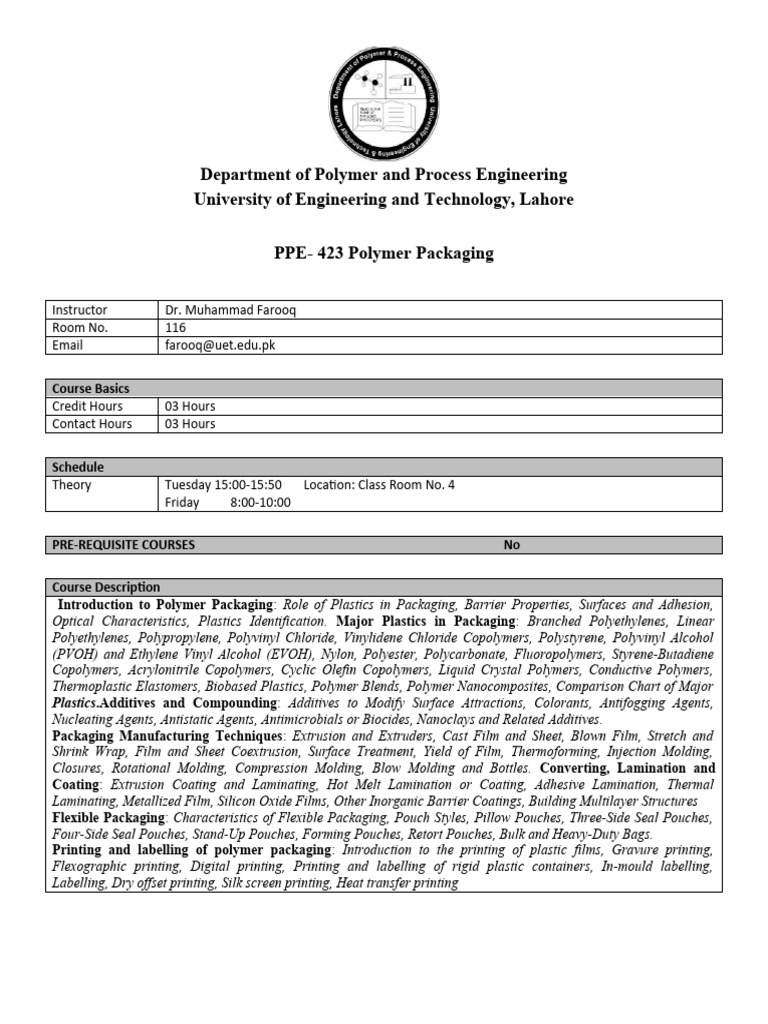 Course File - PPE-423 Polymer Packaging | PDF | Polyethylene | Plastic