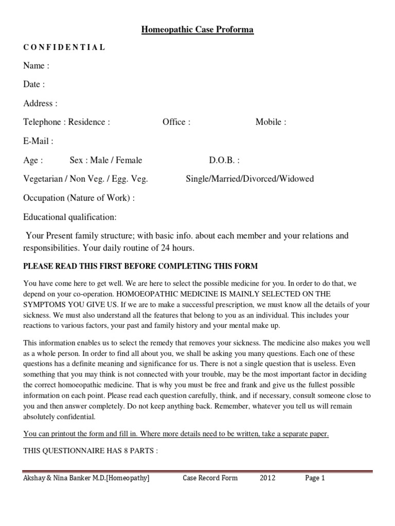 Homeopathic Case Proforma: Confidential | PDF