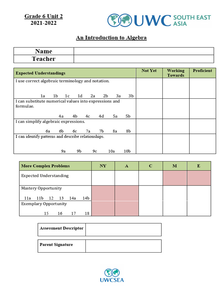 G6 Algebra Assessment 2021-22 | PDF