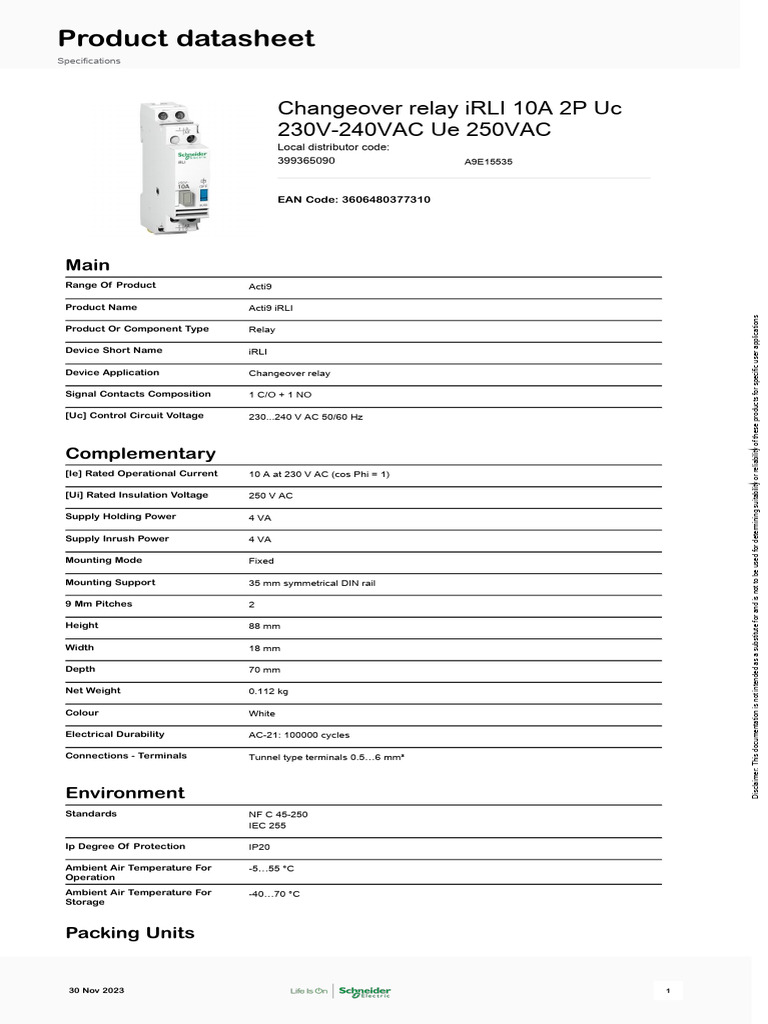 Acti9 iRLI Changeover Relay 10A | PDF | Relay | Manufactured Goods