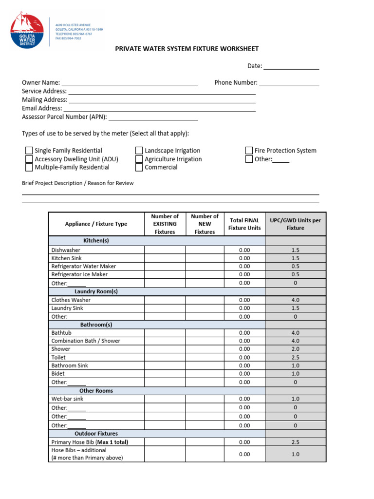 Private Water System Fixture Worksheet | PDF | Bathroom | Flow Measurement