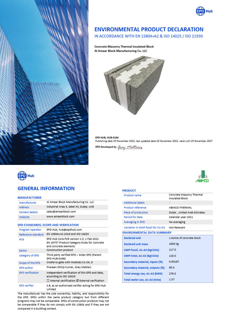 EPD Al Amaar Block Manufacturing Co. LLC Concrete Masonry Thermal ...