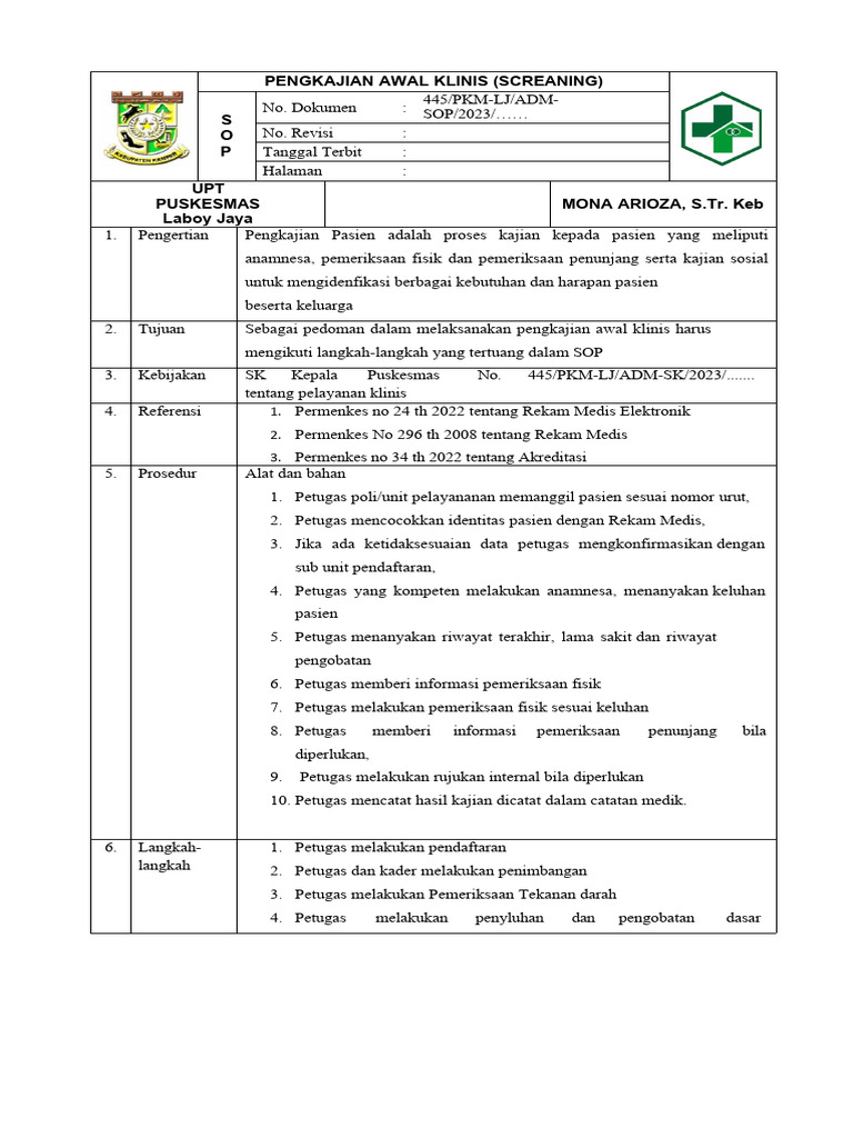 SOP Pengkajian Klinis Ok | PDF