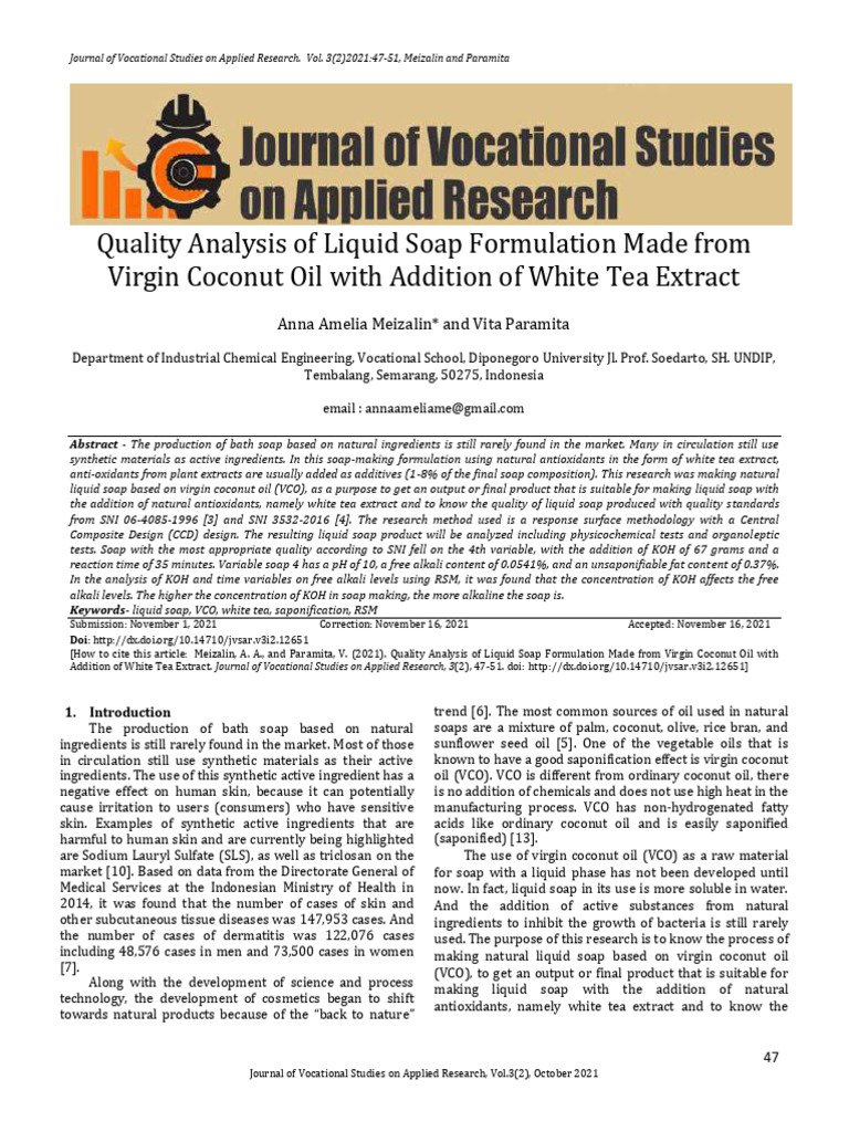 Quality Analysis of Liquid Soap Formulation Made From Virgin Coconut ...
