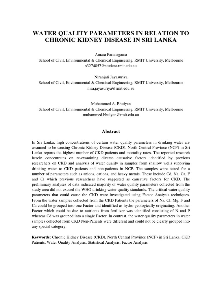 Water Quality Parameters in Relation To CKD | PDF