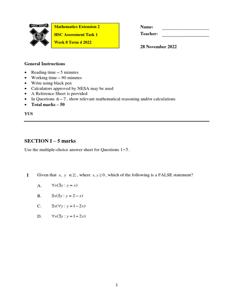 2023 Yr 12 Mathematics Extension 2 Task 1 | PDF | Complex Number | Numbers