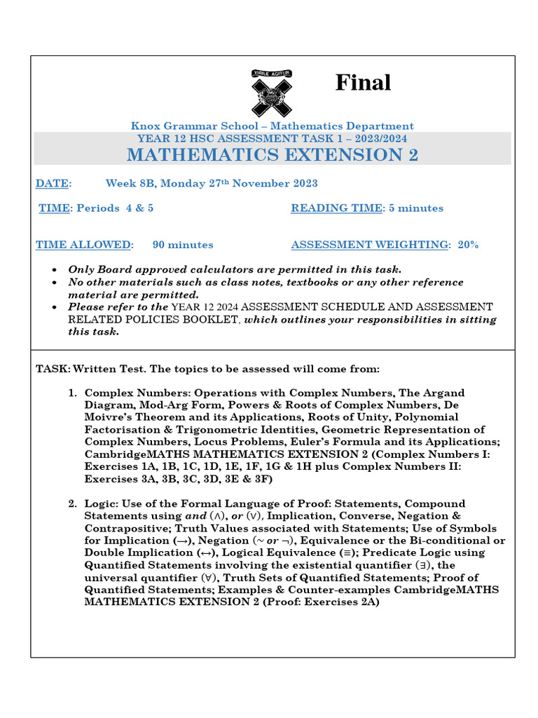 2024 Year 12 Mathematics Extension 2 Task 1 Assessment Notice Term ...