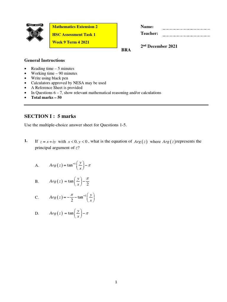 2022 Yr 12 Mathematics Extension 2 Task 1 Term 42021 Final | PDF ...