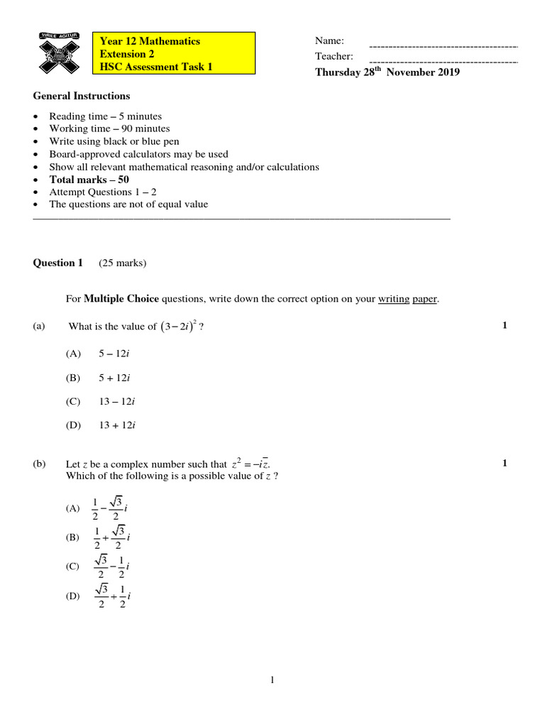 2020 Yr 12 Mathematics Extension 2 Task 1 Term 42019 V2 | PDF | Complex Number | Mathematics
