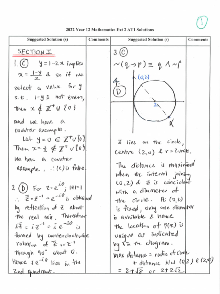 2023 Yr 12 Mathematics Extension 2 Task 1 Solutions | PDF