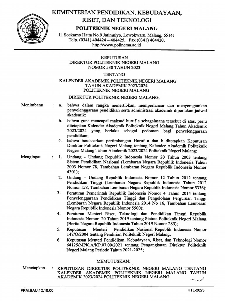 SK 530 - 2023 TTG Kalender Akademik Polinema THN Akademik 2023-2024 | PDF