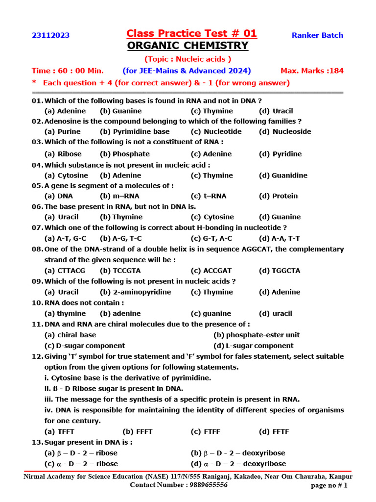 Class Practice Test 01 Nucleic Acid (23-11-2023) | PDF | Dna | Nucleic ...