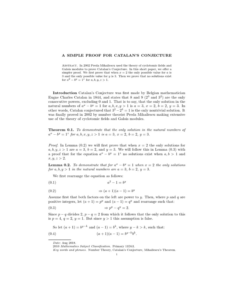 Simple Proof Of Catalans Conjecture Pdf
