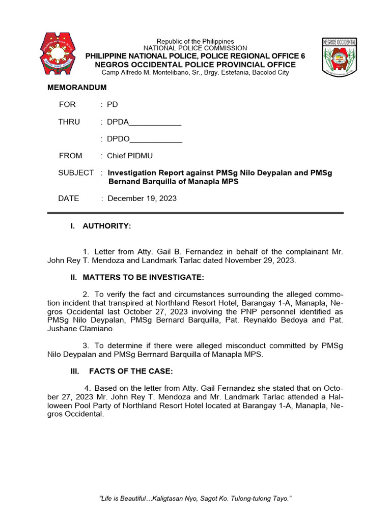 Investigation Report Against PMSG Deypalan and PMSG Barquilla | PDF ...