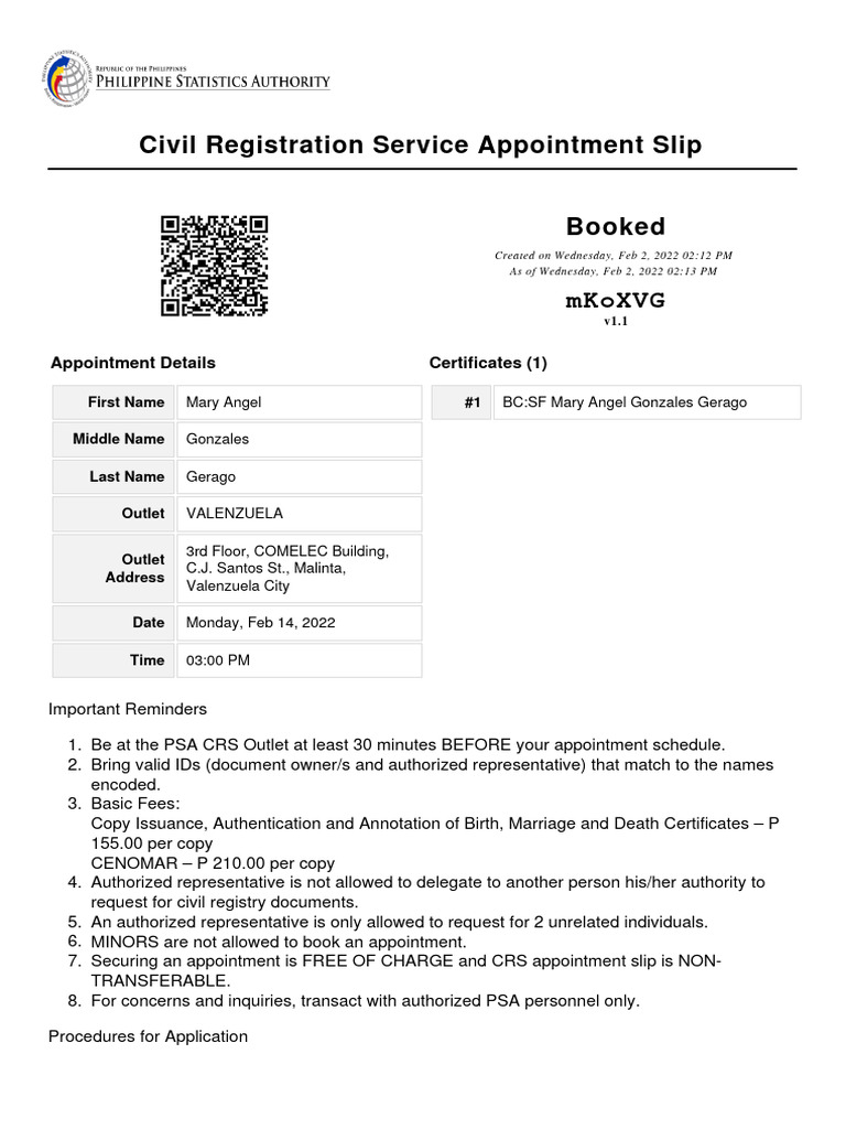 Civil Registration Service Appointment Slip: Mkoxvg | PDF