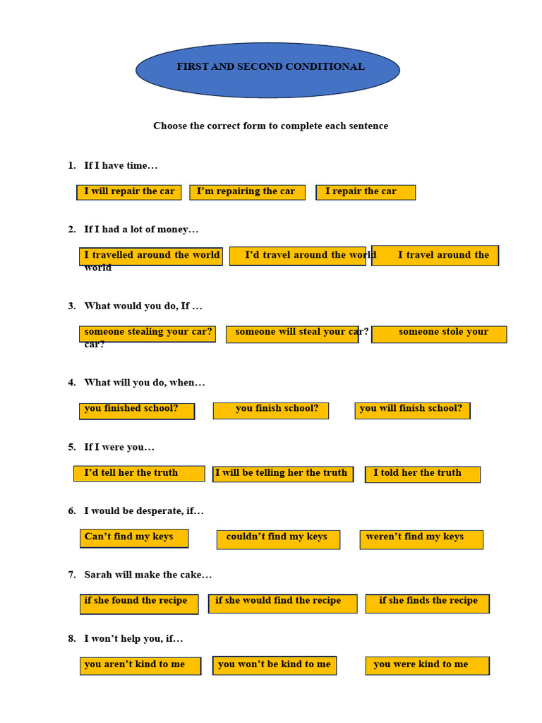 First and Second Conditional Choose The Correct Option To Complete The ...