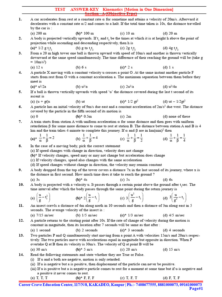 Answer Test On Kinametics (Motion in One Dimension) | PDF ... Answer Test On Kinametics (Motion in One Dimension) | PDF ...