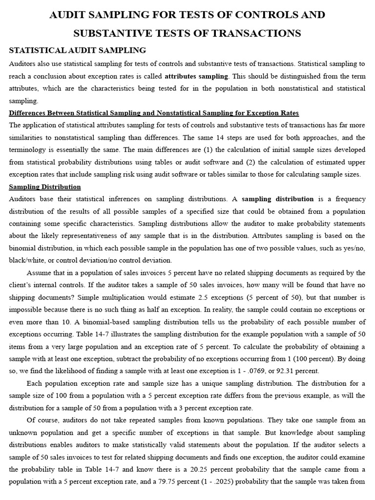 Audit Sampling For Tests of Controls and Substantive Tests of ...