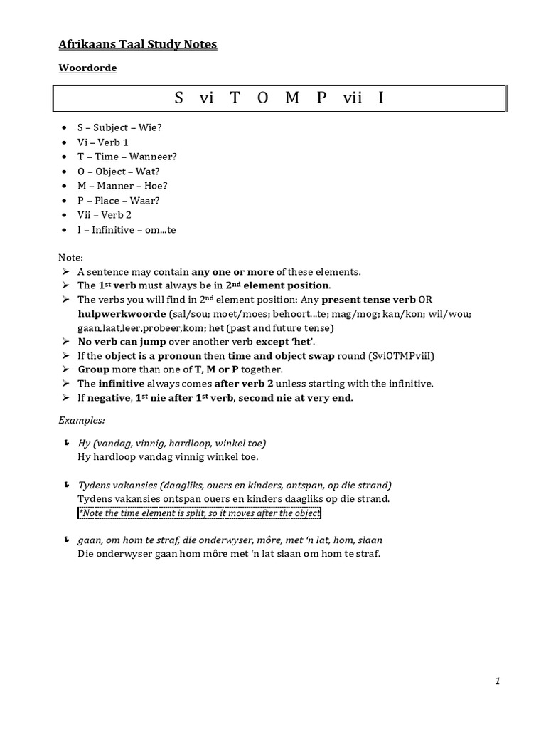 Afrikaans Taal Study Notes | PDF | Verb | Language Mechanics