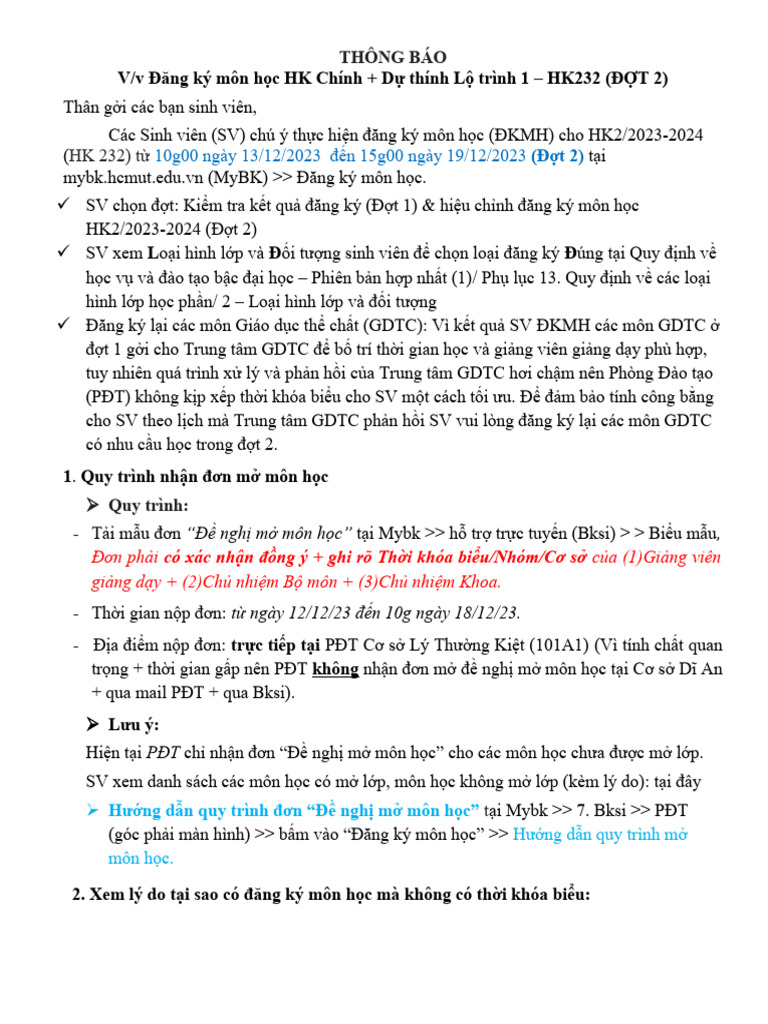 Thông Báo DKMH HK 232 - Dot 2 | PDF