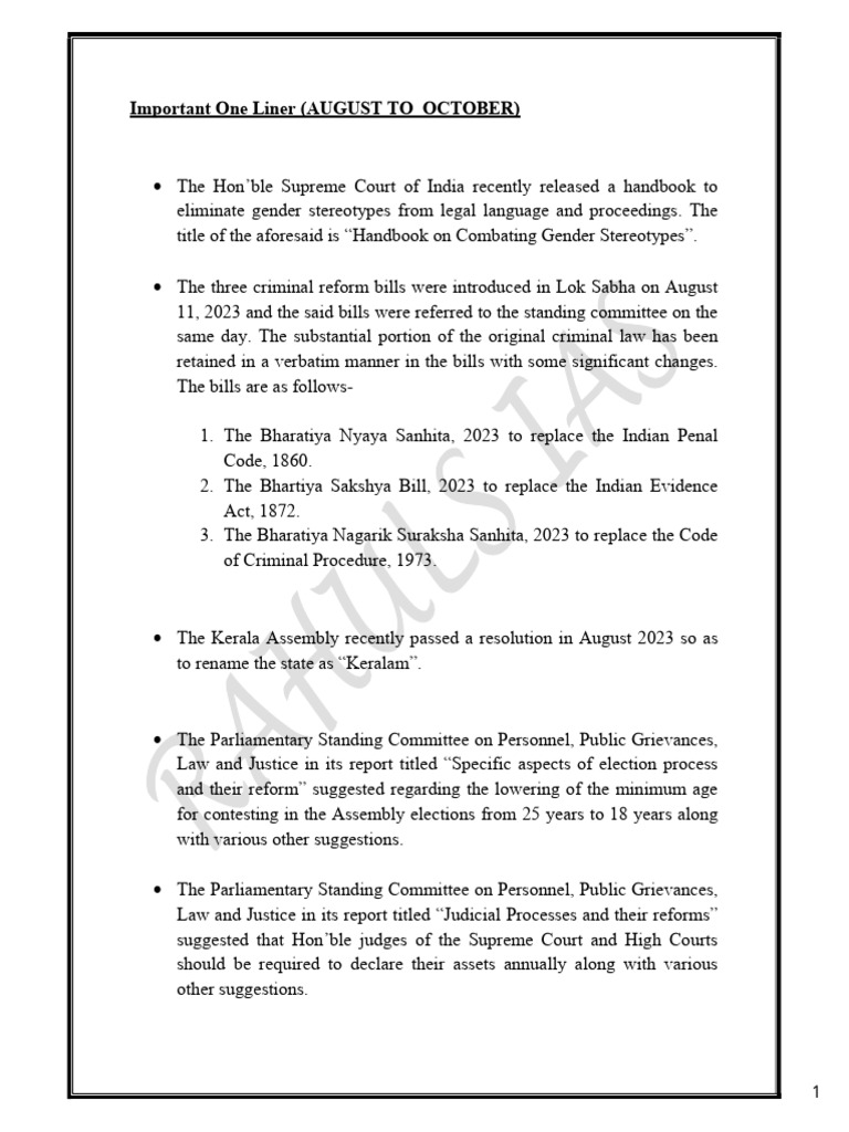 Legal Current GK August To October 2023-Numbered | PDF | Supreme Court ...