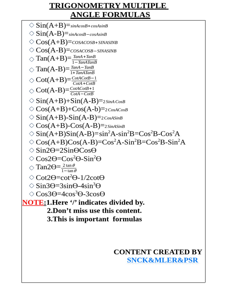 Math Trigonometry Formulas 1.puc 1 | PDF