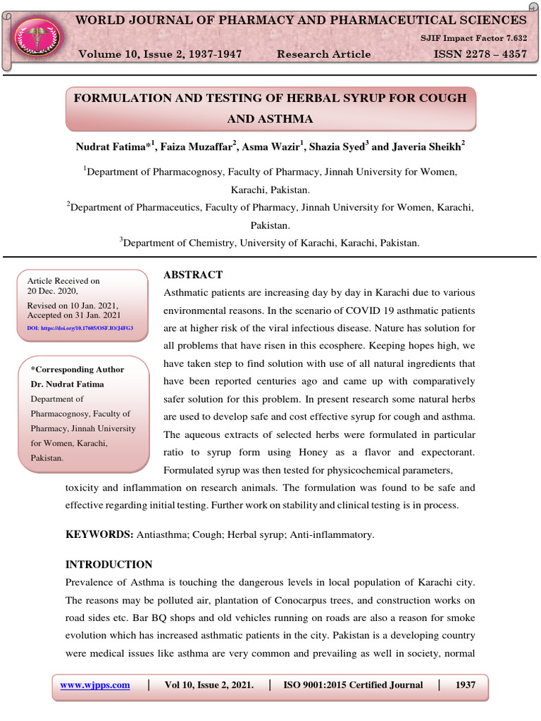 Formulation And Testing Of Herbal Syrup For Cough And Asthma Pdf Asthma Allergy