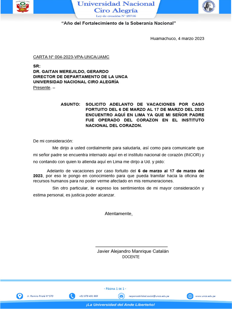 Carta - Adelanto de vacaciones | PDF