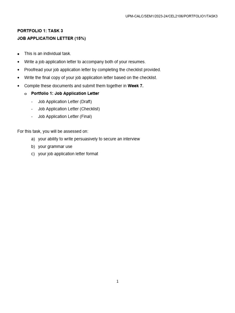 Cel2106 Portfolio 1 - Task 3 - Job Application Letter | PDF ...
