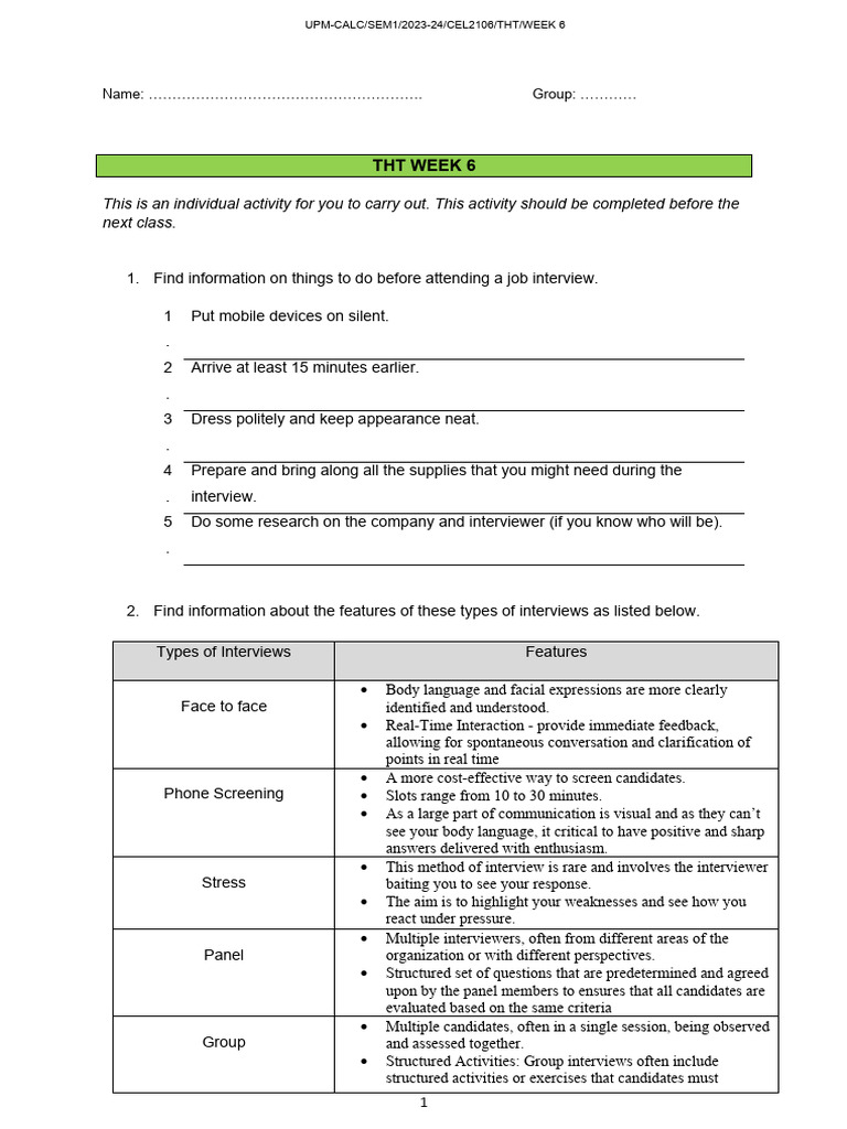 Cel2106 Tht Week 6 Pdf Job Interview Communication