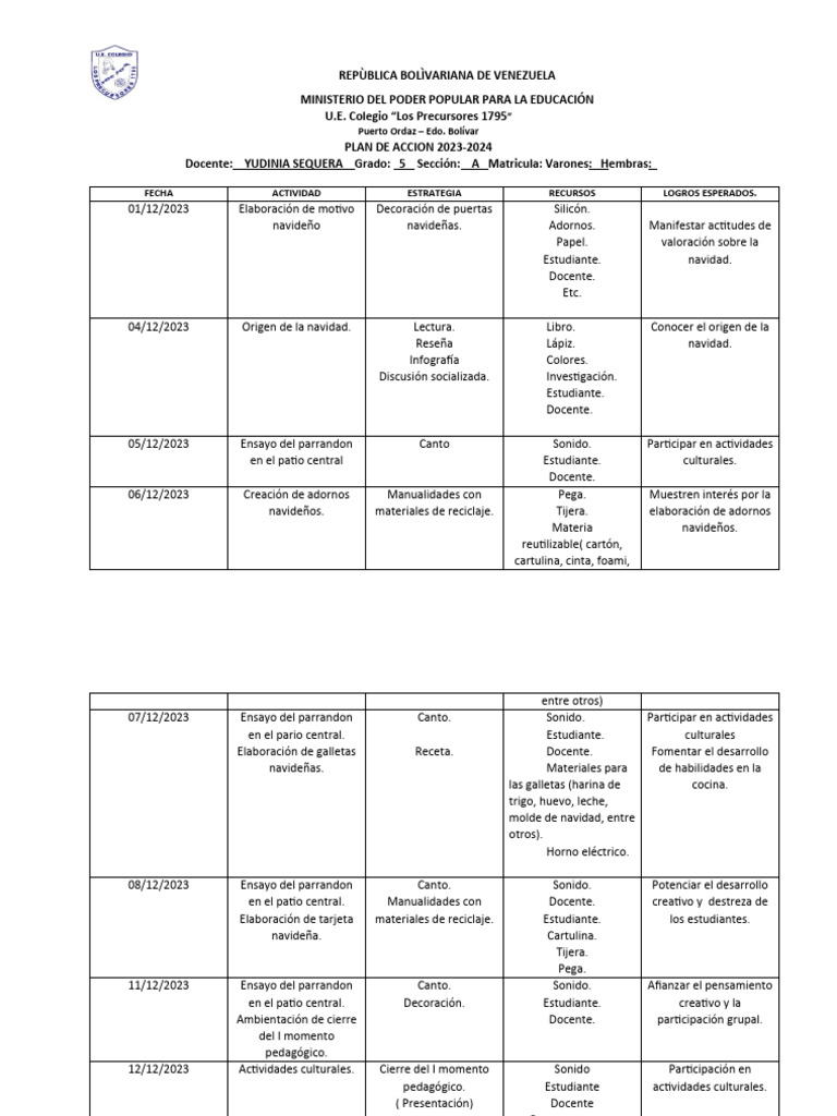 Plan de Accion, Navidad. | PDF