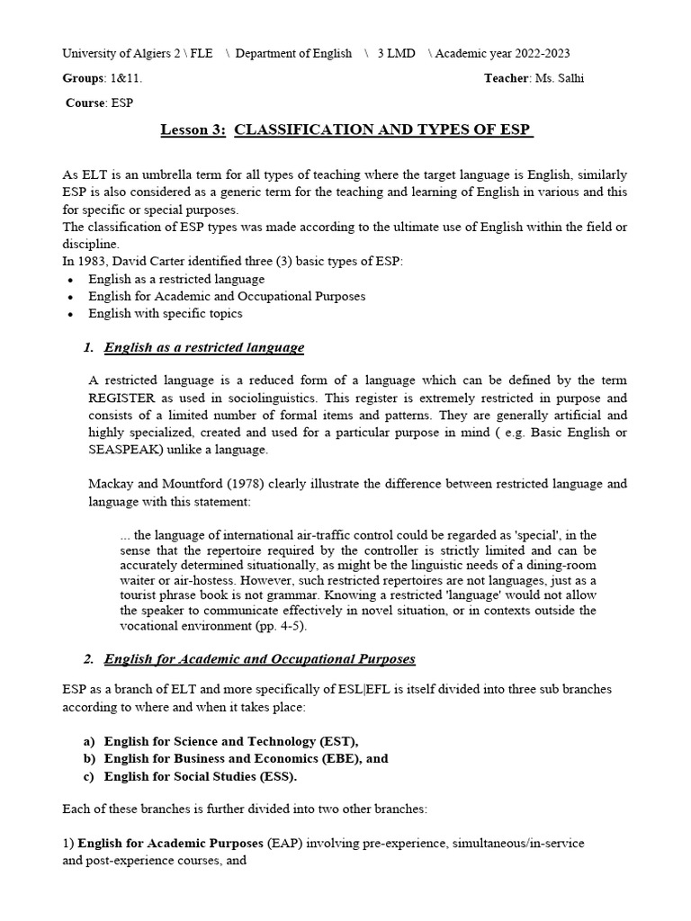 Lesson 3 Classification and Types of ESP | PDF | English Language ...