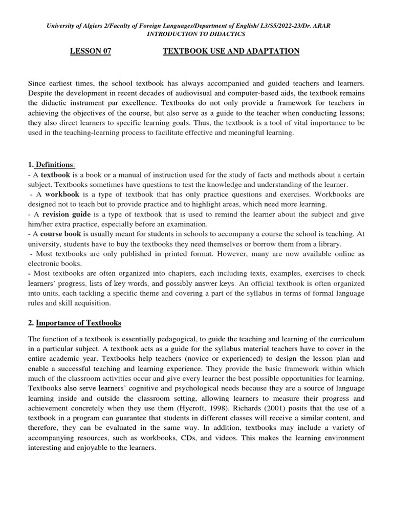 Lesson 08 - Textbook Use and Adaptation | PDF | Learning | Textbook
