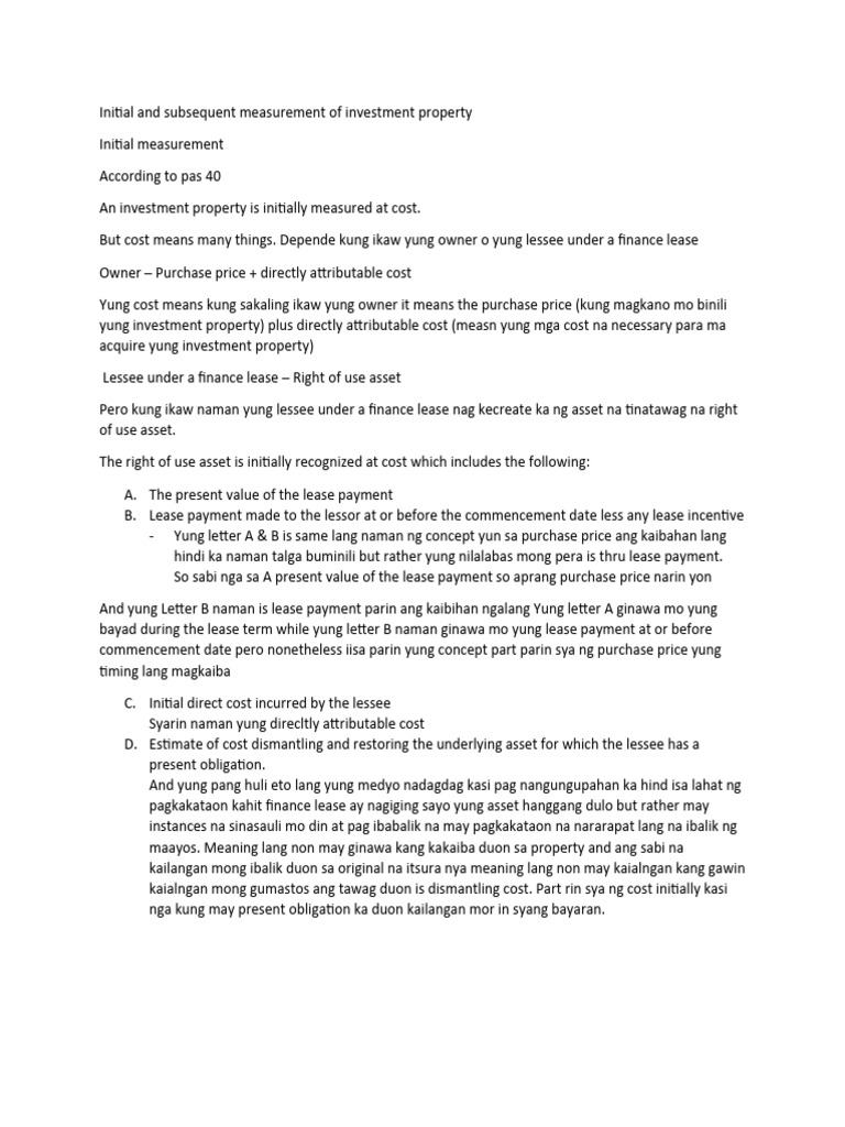 Initial and Subsequent Measurement of Investment Property | PDF | Lease ...