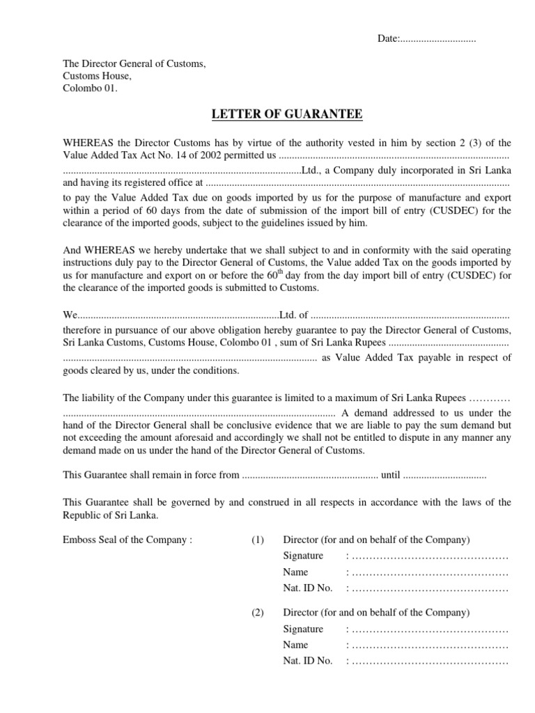 Letter of Guarantee For Permanent Vat Deferment | Download Free PDF ...