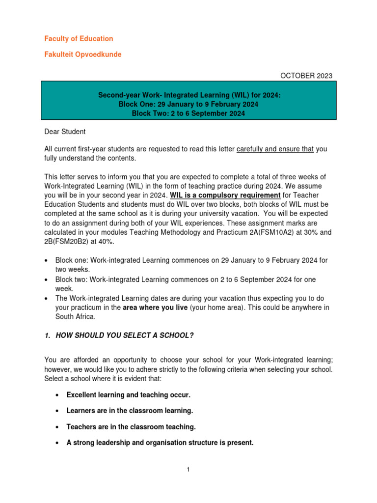 2024 Second-Year WIL Placement Letter | PDF | Learning | Teachers