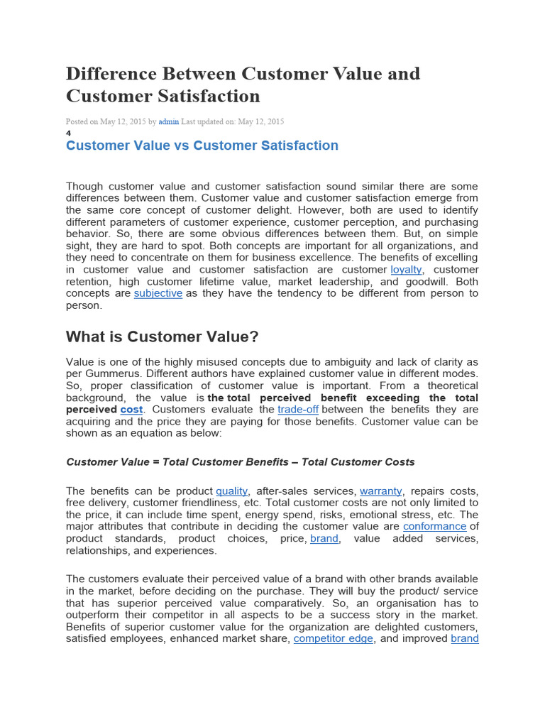 Difference Between Customer Value and Customer Satisfaction | PDF | Marketing | Sales