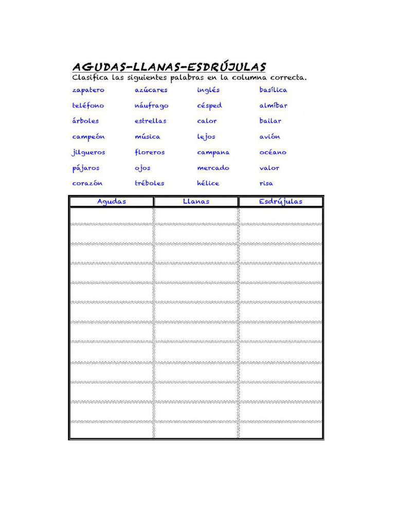 Ejercicio Agudas-Llanas-Esdrújulas | PDF
