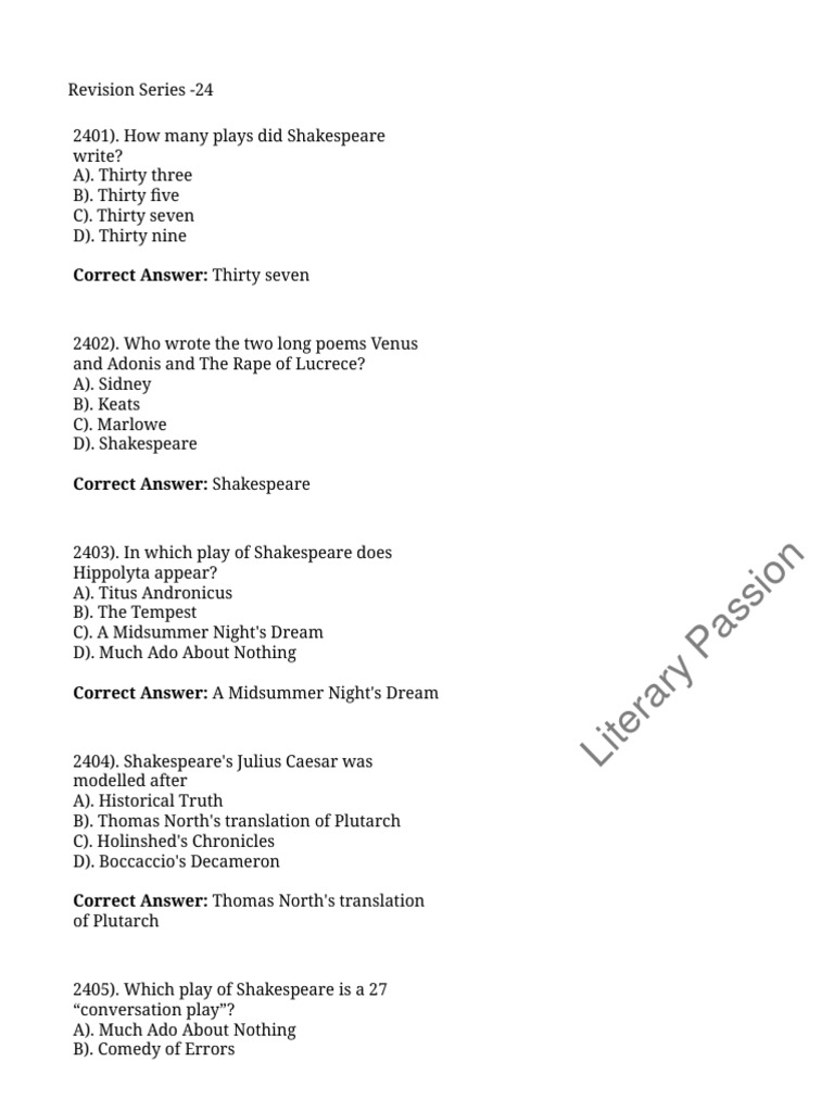 Shakespeare Quiz Questions & Answers | PDF | William Shakespeare ...