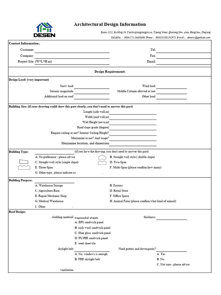 Architectural Design Information: Customer: Tel: Company: Fax: Project ...