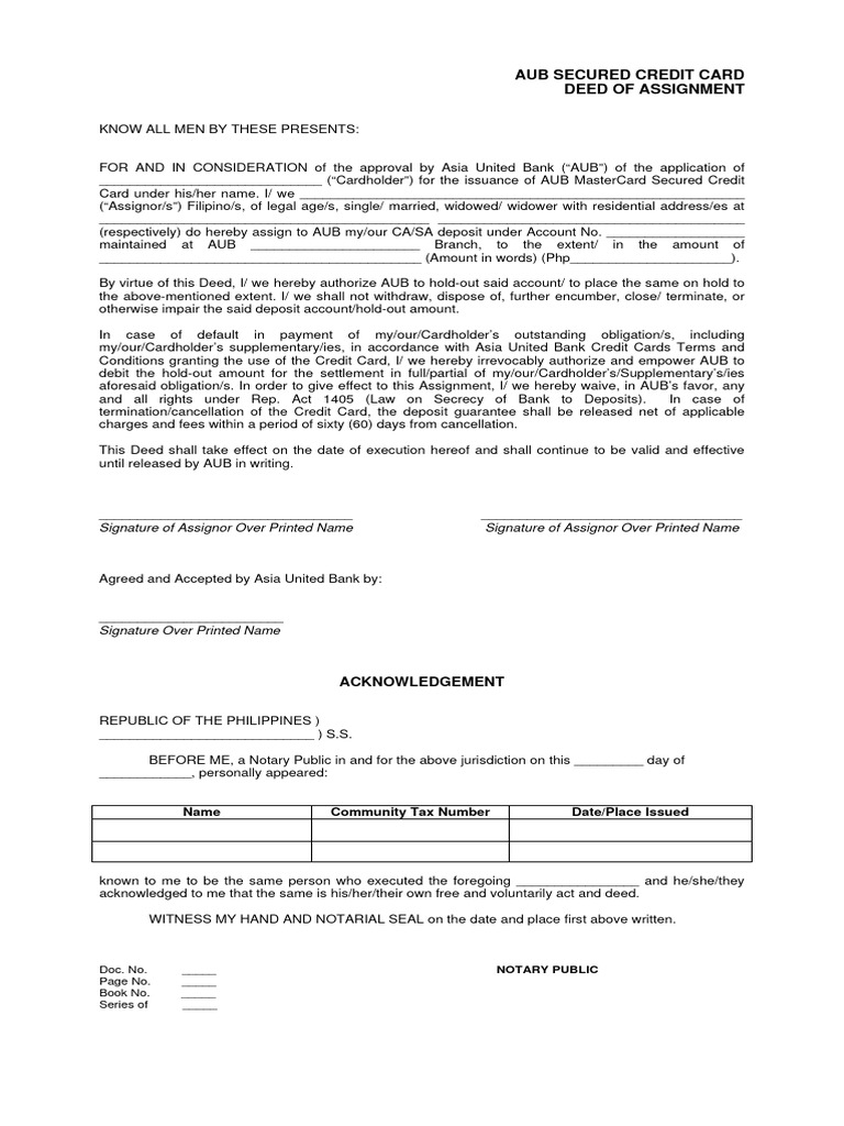 Secured CC Deed of Assignment | PDF | Credit Card | Banks
