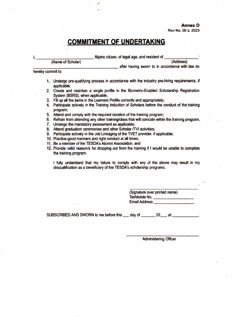 Annex O Commitment of Undertaking FORMAT | PDF