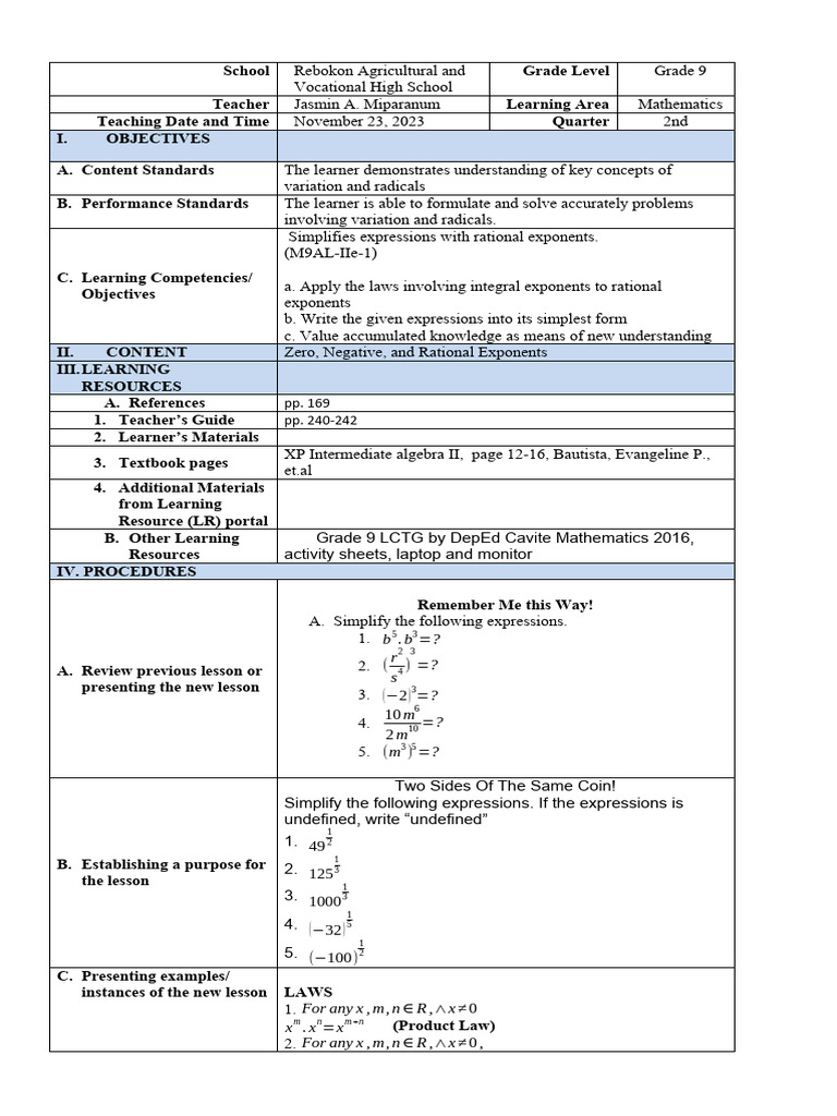 DLL For Math 9 Co2 | PDF | Learning | Mathematics