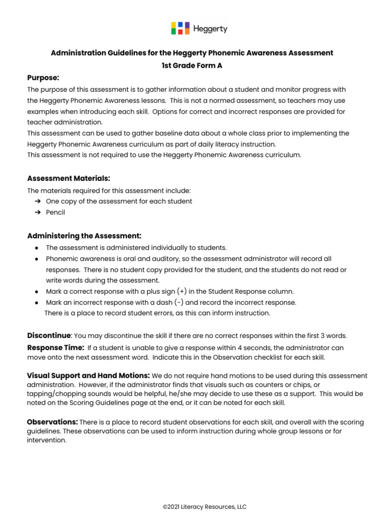 Heggerty Phonemic Awareness Assessment 1st Grade | PDF | Phoneme | Syllable