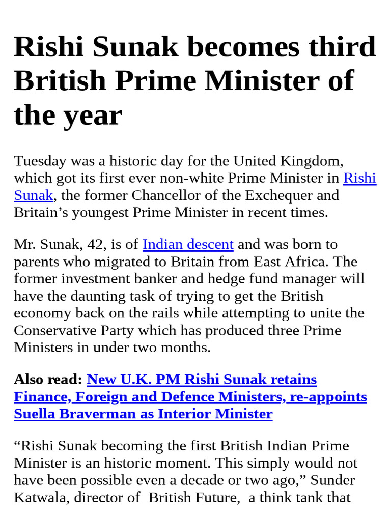 Rishi Sunak Becomes Third British Prime Minister of The Year | PDF ...